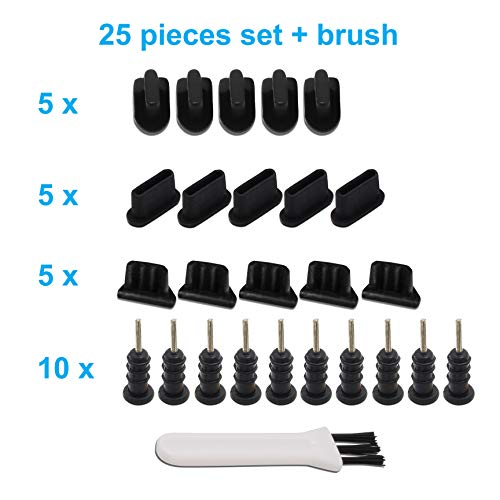 PortPlugs Universal 25pc Charging Port Cover Set, Compatible with iPhone, USB-C, Android, Micro USB, Tablets - Includes Headset Plugs, SIM Tool & Cleaning Brush (Black)