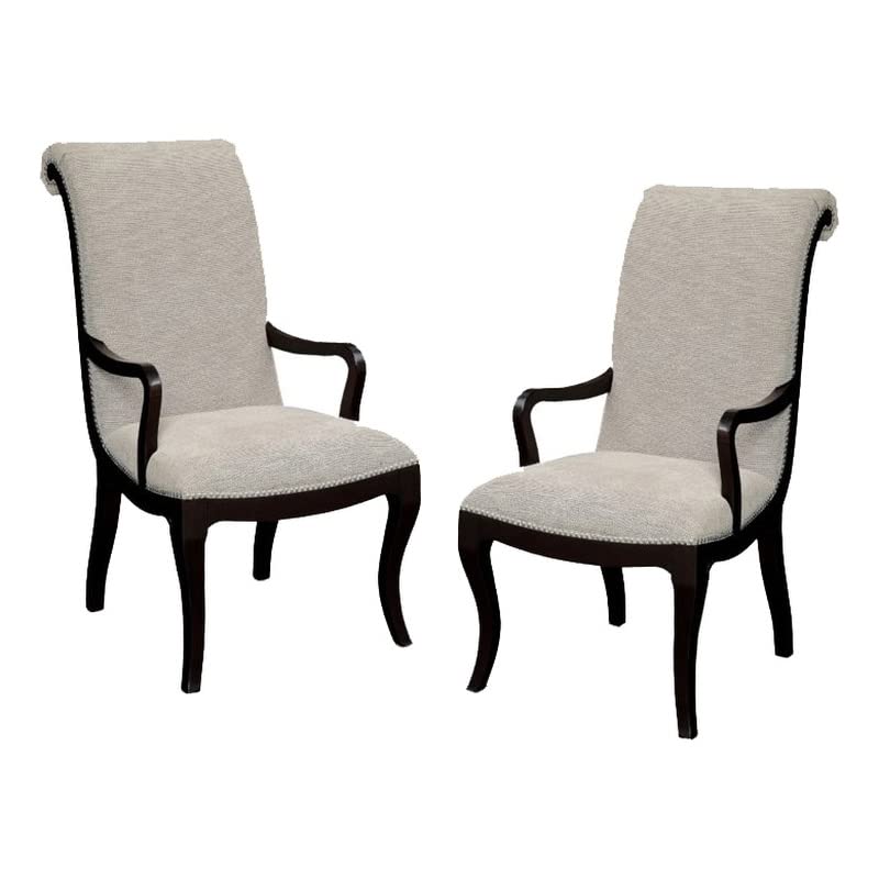 BOWERY HILL 19.75" Transitional Fabric Upholstered Dining Chairs with Arms, Set of 2, Beige/Espresso