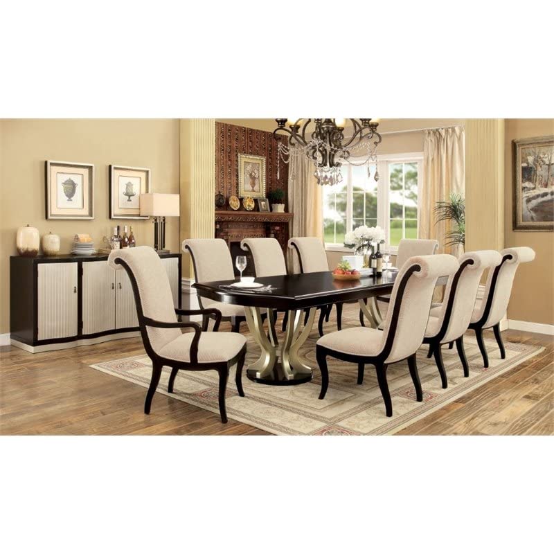 BOWERY HILL 19.75" Transitional Fabric Upholstered Dining Chairs with Arms, Set of 2, Beige/Espresso