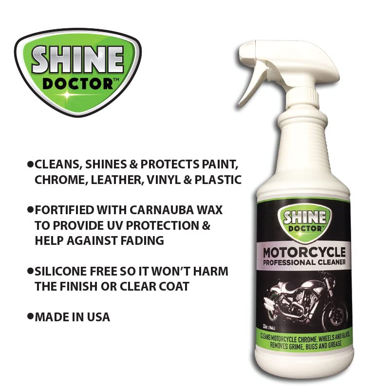 Shine Doctor Motorcycle Cleaner 32 oz. with UV Protection! Cleans Chrome, Wheels, Leather, Vinyl and Removes Grime and Grease.