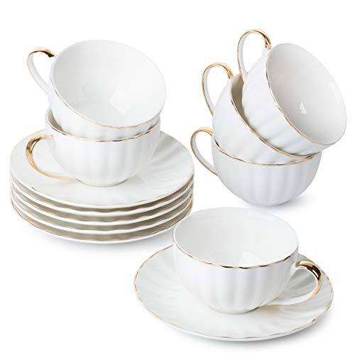 BTaT- Tea Cups and Saucers, Set of 6 (7 oz) with Gold Trim and Gift Box, Cappuccino Cups, Coffee Cups, White Tea Cup Set, British Coffee Cups, Porcelain Tea Set, Latte Cups