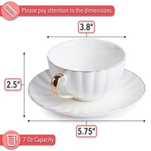 BTaT- Tea Cups and Saucers, Set of 6 (7 oz) with Gold Trim and Gift Box, Cappuccino Cups, Coffee Cups, White Tea Cup Set, British Coffee Cups, Porcelain Tea Set, Latte Cups