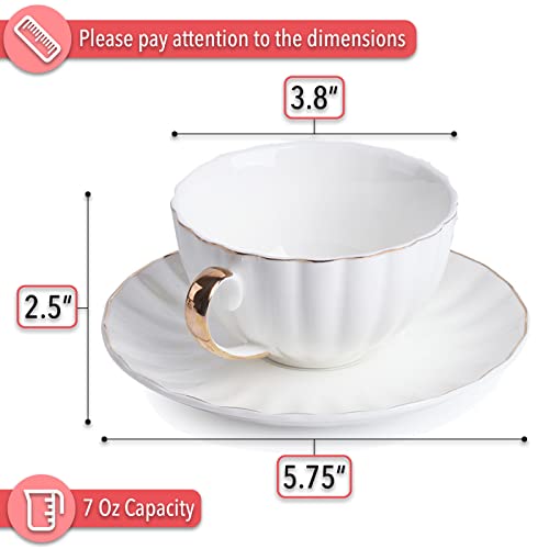 BTaT- Tea Cups and Saucers, Set of 6 (7 oz) with Gold Trim and Gift Box, Cappuccino Cups, Coffee Cups, White Tea Cup Set, British Coffee Cups, Porcelain Tea Set, Latte Cups