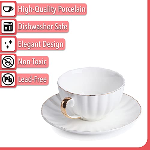 BTaT- Tea Cups and Saucers, Set of 6 (7 oz) with Gold Trim and Gift Box, Cappuccino Cups, Coffee Cups, White Tea Cup Set, British Coffee Cups, Porcelain Tea Set, Latte Cups