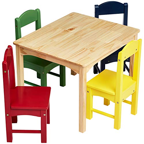 Amazon Basics Kids Wood Table and 4 Chair Set, Natural Table, Assorted Color