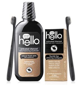 hello activated charcoal starter kit fluoride free sls free whitening toothpaste extra freshening mouthwash 2 charcoal bristle bpafree toothbrushes, black, 1 count