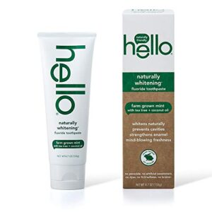 Hello Naturally Whitening Fluoride Toothpaste, Farm Grown Mint, Vegan, SLS Free, Gluten Free, Peroxide Free, 4.7 Ounce (Pack of 4)