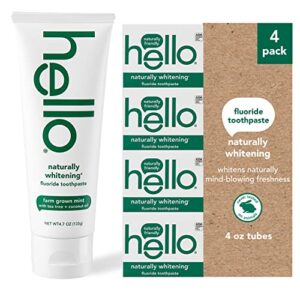 hello naturally whitening fluoride toothpaste, farm grown mint, vegan, sls free, gluten free, peroxide free, 4.7 ounce (pack of 4)