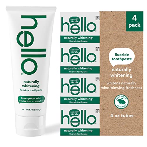 Hello Naturally Whitening Fluoride Toothpaste, Farm Grown Mint, Vegan, SLS Free, Gluten Free, Peroxide Free, 4.7 Ounce (Pack of 4)