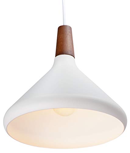 Amazon Brand – Rivet Modern Wood Scandinavian-Inspired Ceiling Pendant Fixture with Light Bulb - 15.25 x 15.25 x 9 Inches, White Metal with Walnut Finish