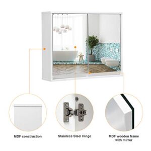 Tangkula Wide Medicine Organizer Bathroom Cabinet Double Mirror Door Wall Mount Storage Shelf White (22" Wood