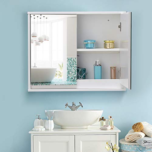 Tangkula Wide Medicine Organizer Bathroom Cabinet Double Mirror Door Wall Mount Storage Shelf White (22" Wood