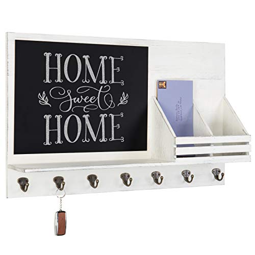 MyGift Vintage White Wood Entryway Mail and Key Holder Family Command Center Organizer with Chalkboard, 2 Mail Slots, Display Ledge Shelf and 7 Hooks