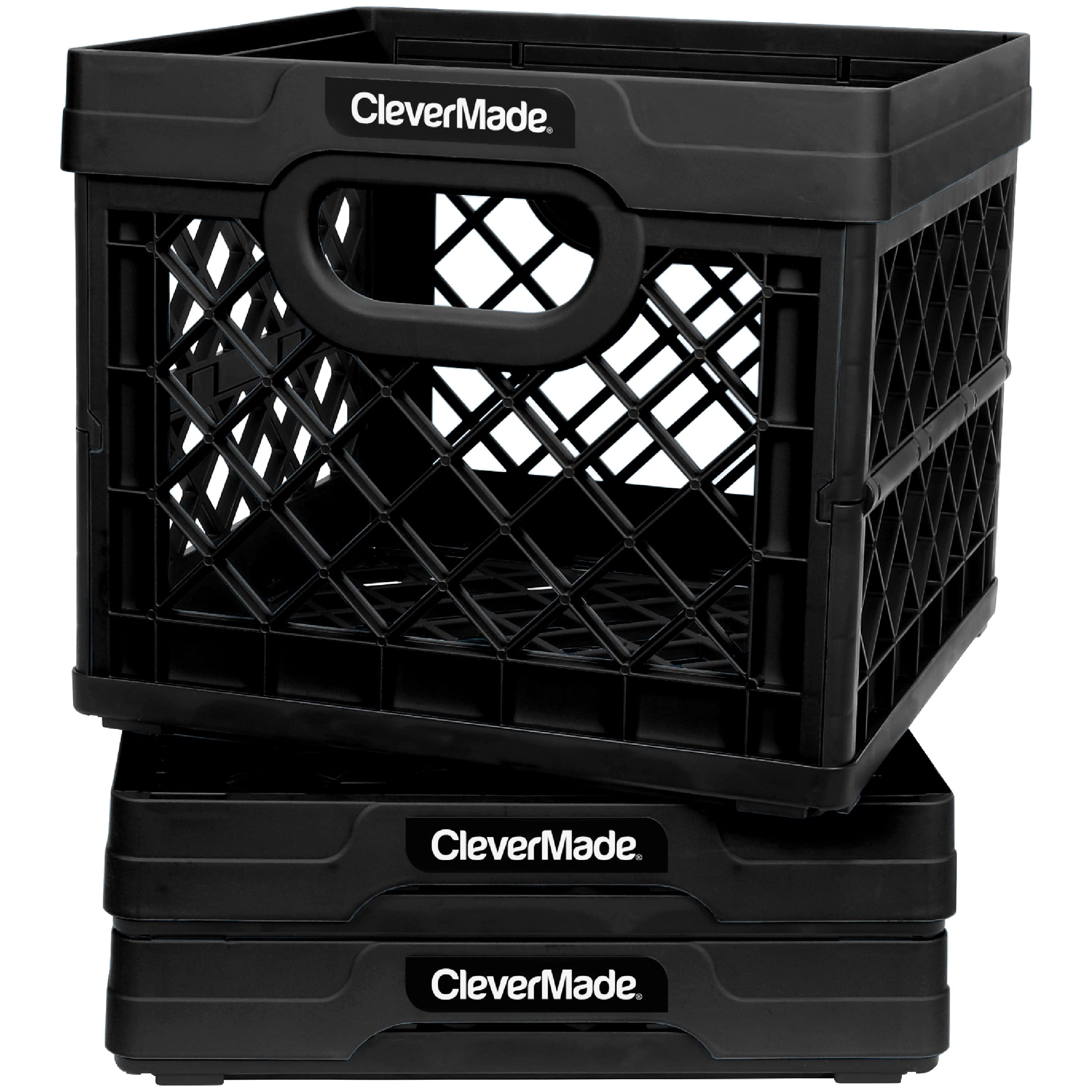 CleverMade - Collapsible Milk Crates, 25L Plastic Stackable Storage Bins CleverCrates Utility Folding Baskets, Pack of 3, Black