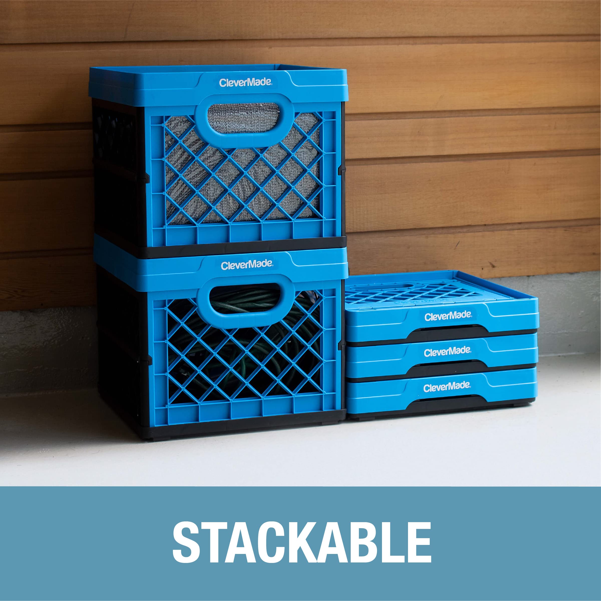 CleverMade - Collapsible Milk Crates, 25L Plastic Stackable Storage Bins CleverCrates Utility Folding Baskets, Pack of 3, Black