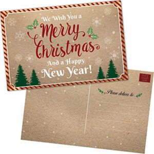 50 christmas postcards bulk - vintage happy holiday and happy new year post cards set with merry christmas season’s greetings message - kraft thank you notes for business, office, kids and more