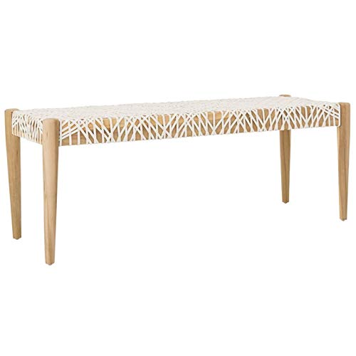 SAFAVIEH Home Collection Bandelier Natural Teak Wood/ Off-White Leather Weave Entryway Foyer Dining Bench