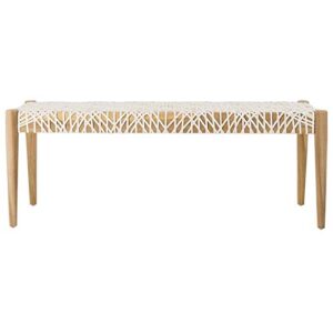 SAFAVIEH Home Collection Bandelier Natural Teak Wood/ Off-White Leather Weave Entryway Foyer Dining Bench