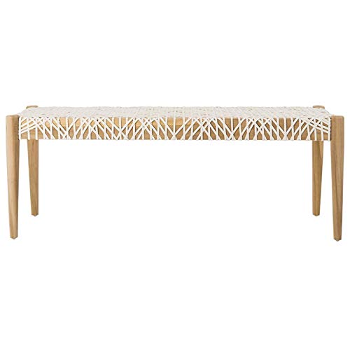 SAFAVIEH Home Collection Bandelier Natural Teak Wood/ Off-White Leather Weave Entryway Foyer Dining Bench