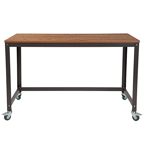 Flash Furniture Livingston Collection Computer Table and Desk in Brown Oak Wood Grain Finish with Metal Wheels