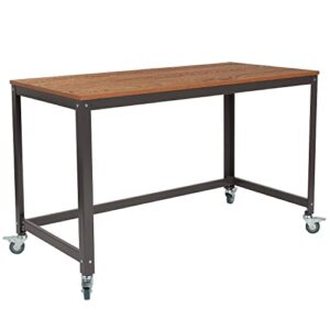 flash furniture livingston collection computer table and desk in brown oak wood grain finish with metal wheels