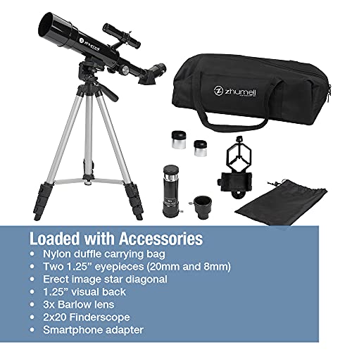 Zhumell - 50mm Portable Refractor Telescope - Coated Glass Optics - Ideal Telescope for Beginners - Digiscoping Smartphone Adapter