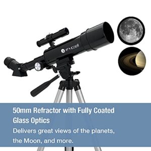 Zhumell - 50mm Portable Refractor Telescope - Coated Glass Optics - Ideal Telescope for Beginners - Digiscoping Smartphone Adapter