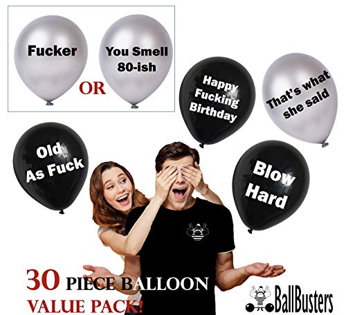 30 pc Funny Adult Birthday Balloons | Gag Gift for a Man Birthday~ Designed by BallBusters, a USA company (30 Black & Silver Balloons)