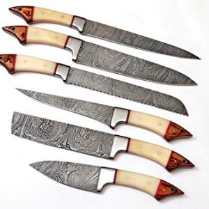 Randy,Custom made damascus steel kitchen/chef's knife set with leather roll bag DR-1061-B-6.