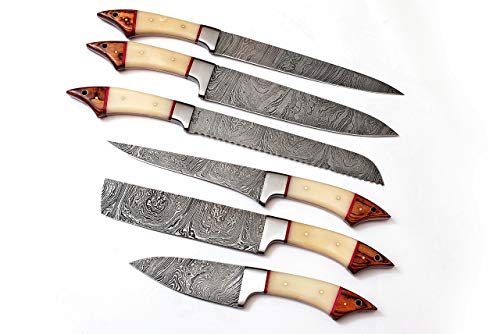 Randy,Custom made damascus steel kitchen/chef's knife set with leather roll bag DR-1061-B-6.