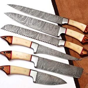 Randy,Custom made damascus steel kitchen/chef's knife set with leather roll bag DR-1061-B-6.