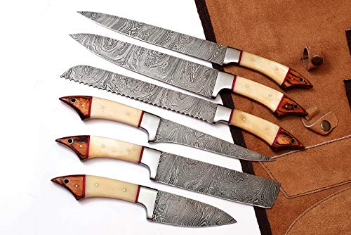 Randy,Custom made damascus steel kitchen/chef's knife set with leather roll bag DR-1061-B-6.