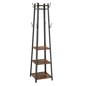 vasagle alinru coat rack with 3 shelves, stand with hooks for scarves, bags and umbrellas, steel frame, industrial style, rustic brown and black ulcr80x