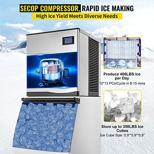 VEVOR 110V Commercial Ice Maker 400LBS/24H, 350LBS Large Storage Bin, ETL Approved, Clear Cube, Advanced LCD Panel, SECOP Compressor, Air Cooled, Quiet Operation, Include Scoop & Premium Water Filter