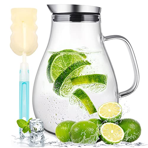 SUSTEAS 2 Liter Glass Pitcher, Water Pitcher with Removable Lid And Wide Handle, Easy Clean Juice Jug for Fridge, Beverage Carafe for Cold/Hot Water, Iced Tea, 1 Free Long-Handled Brush Included