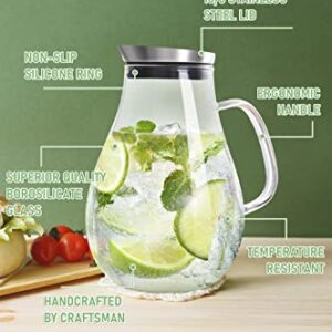 SUSTEAS 2 Liter Glass Pitcher, Water Pitcher with Removable Lid And Wide Handle, Easy Clean Juice Jug for Fridge, Beverage Carafe for Cold/Hot Water, Iced Tea, 1 Free Long-Handled Brush Included