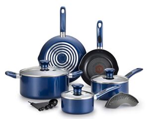 t-fal excite proglide nonstick thermo-spot heat indicator dishwasher oven safe cookware set, 14-piece, blue