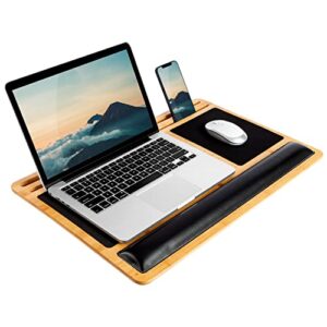 lapgear bamboo pro lap board with wrist rest, mouse pad, and phone holder - natural - fits up to 17.3 inch laptops and most tablets - style no. 77101