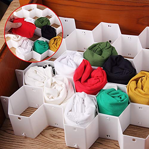 JIAKAI Honeycomb Drawer Organizer，Partition Bee Style Underwear Socks Bras Ties Belts Scarves Drawer Divider Cabinet Clapboard (White-16 pieces)