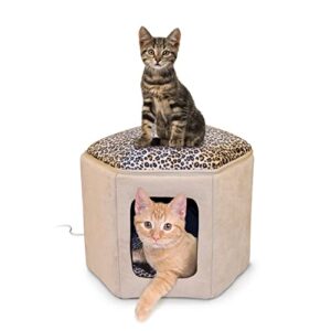 K&H PET PRODUCTS Thermo-Kitty Sleephouse Cat Cave - Heated Tan/Leopard 12 X 17 Inches