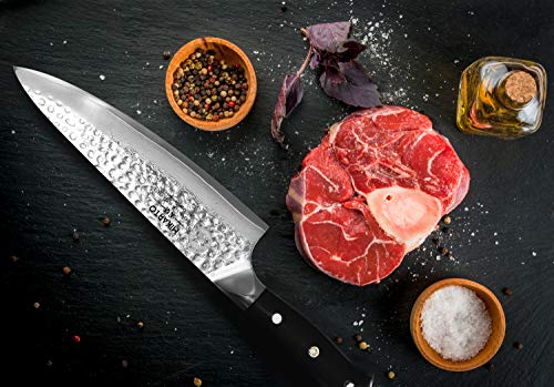 MIKARTO Chef Knife, 8 Inch Gyuto, Professional Grade - Japanese AUS-10 Super Steel Kitchen Knife with Hammer Finish - Ultra Sharp, High Carbon Kitchen Knives - Quality, All Purpose, Precision cutting.