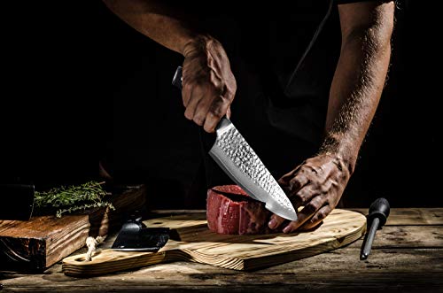 MIKARTO Chef Knife, 8 Inch Gyuto, Professional Grade - Japanese AUS-10 Super Steel Kitchen Knife with Hammer Finish - Ultra Sharp, High Carbon Kitchen Knives - Quality, All Purpose, Precision cutting.