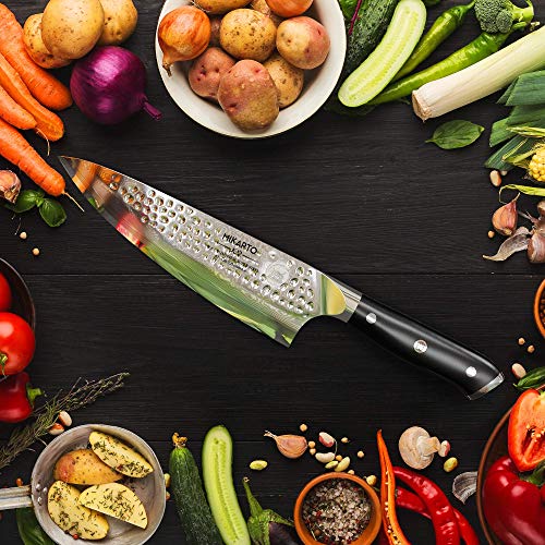 MIKARTO Chef Knife, 8 Inch Gyuto, Professional Grade - Japanese AUS-10 Super Steel Kitchen Knife with Hammer Finish - Ultra Sharp, High Carbon Kitchen Knives - Quality, All Purpose, Precision cutting.