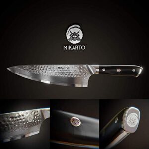 MIKARTO Chef Knife, 8 Inch Gyuto, Professional Grade - Japanese AUS-10 Super Steel Kitchen Knife with Hammer Finish - Ultra Sharp, High Carbon Kitchen Knives - Quality, All Purpose, Precision cutting.