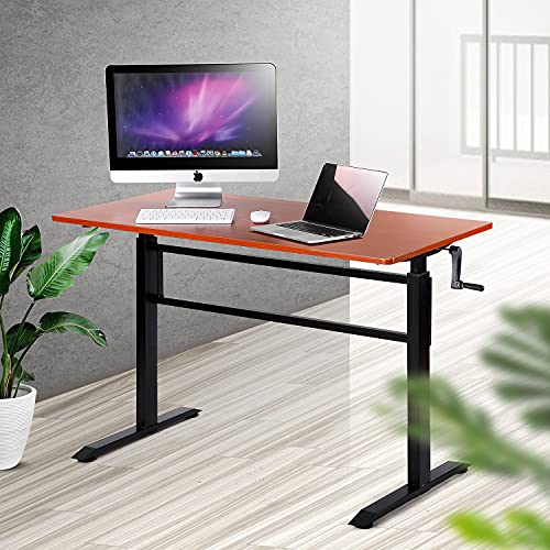 UNICOO - Crank Adjustable Height Standing Desk, Adjustable Sit to Stand up Desk,Home Office Computer Table, Height Adjustable Writing Desk, Study Table (Teak Top/Black Legs - SYK01)