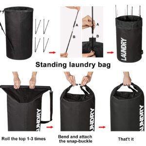 WOWLIVE Extra Large Foldable Laundry Bag Durable Laundry Basket Collapsible Laundry Hamper Backpack Dirty Clothes Hamper Standing Waterproof Hampers for Laundry Dorm Room (Black)