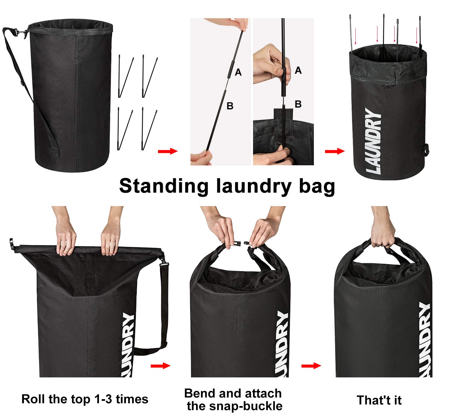 WOWLIVE Extra Large Foldable Laundry Bag Durable Laundry Basket Collapsible Laundry Hamper Backpack Dirty Clothes Hamper Standing Waterproof Hampers for Laundry Dorm Room (Black)