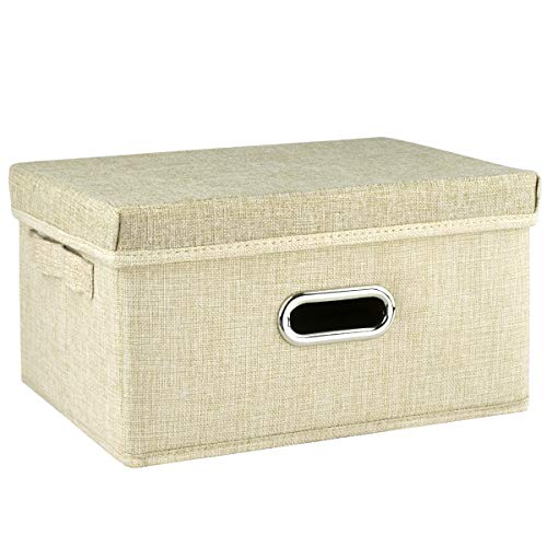 Collapsible Fabric Storage Box with Lid and Handles, Linen Storage Containers, Nursery Storage Basket for Gifts, Books, Magazines, CDs, Kids Toys, Clothes, Underwear, Makeup, 13" x 9.4" x 7", Beige