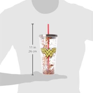 Spoontiques - Glitter Filled Acrylic Tumbler - Glitter Cup with Straw - 20 oz - Stainless Steel Locking Lid with Straw - Double Wall Insulated - BPA Free - Wonder Woman - Red & Gold