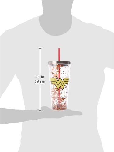 Spoontiques - Glitter Filled Acrylic Tumbler - Glitter Cup with Straw - 20 oz - Stainless Steel Locking Lid with Straw - Double Wall Insulated - BPA Free - Wonder Woman - Red & Gold